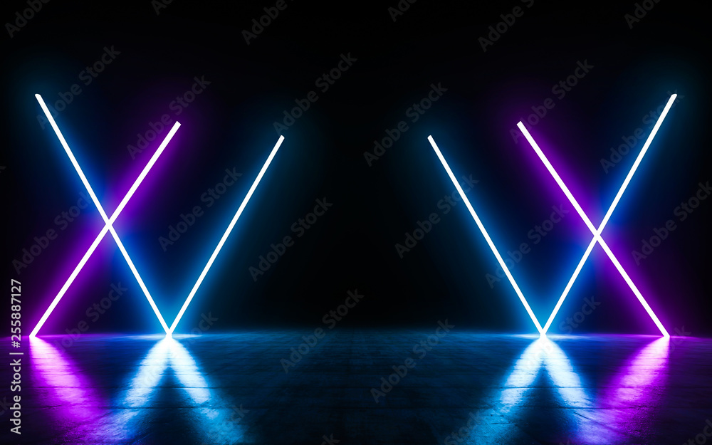 Futuristic Sci Fi blue and purple neon tube lights glowing with ...