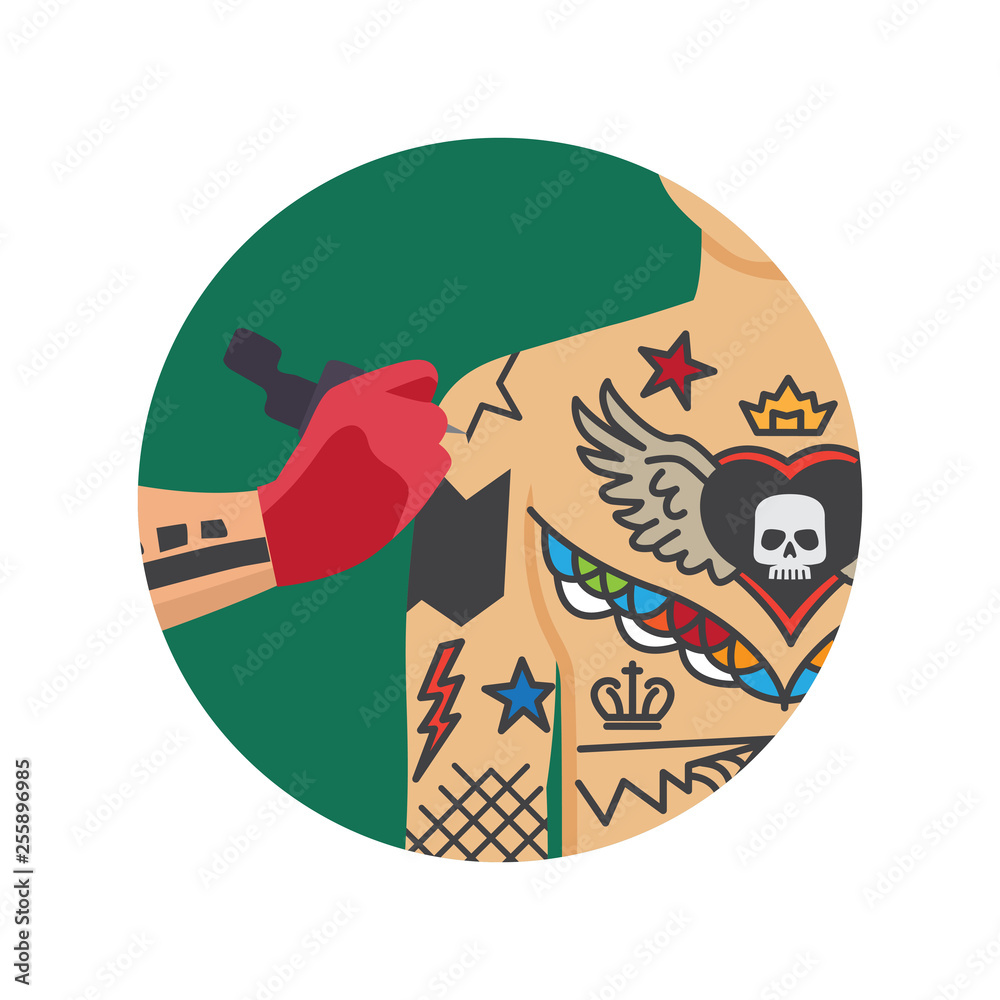Tattoo studio icon. Tattooist artist paint man body with tattooing ...