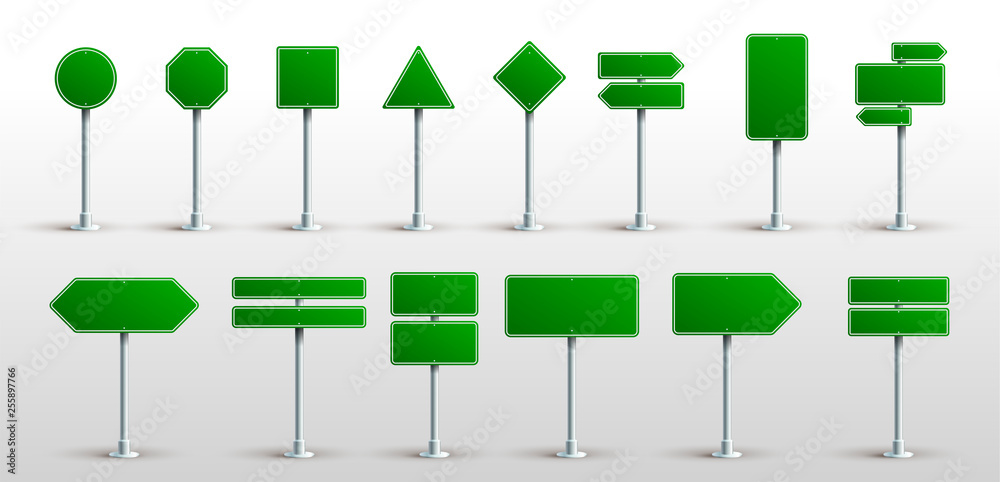 Set Of Green Traffic Signs. Road Board Text Panel, Mockup Signage ...