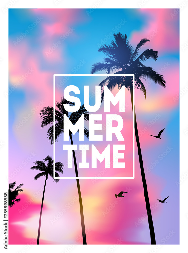 Summer tropical background with palms, sky and sunset. Summer placard ...