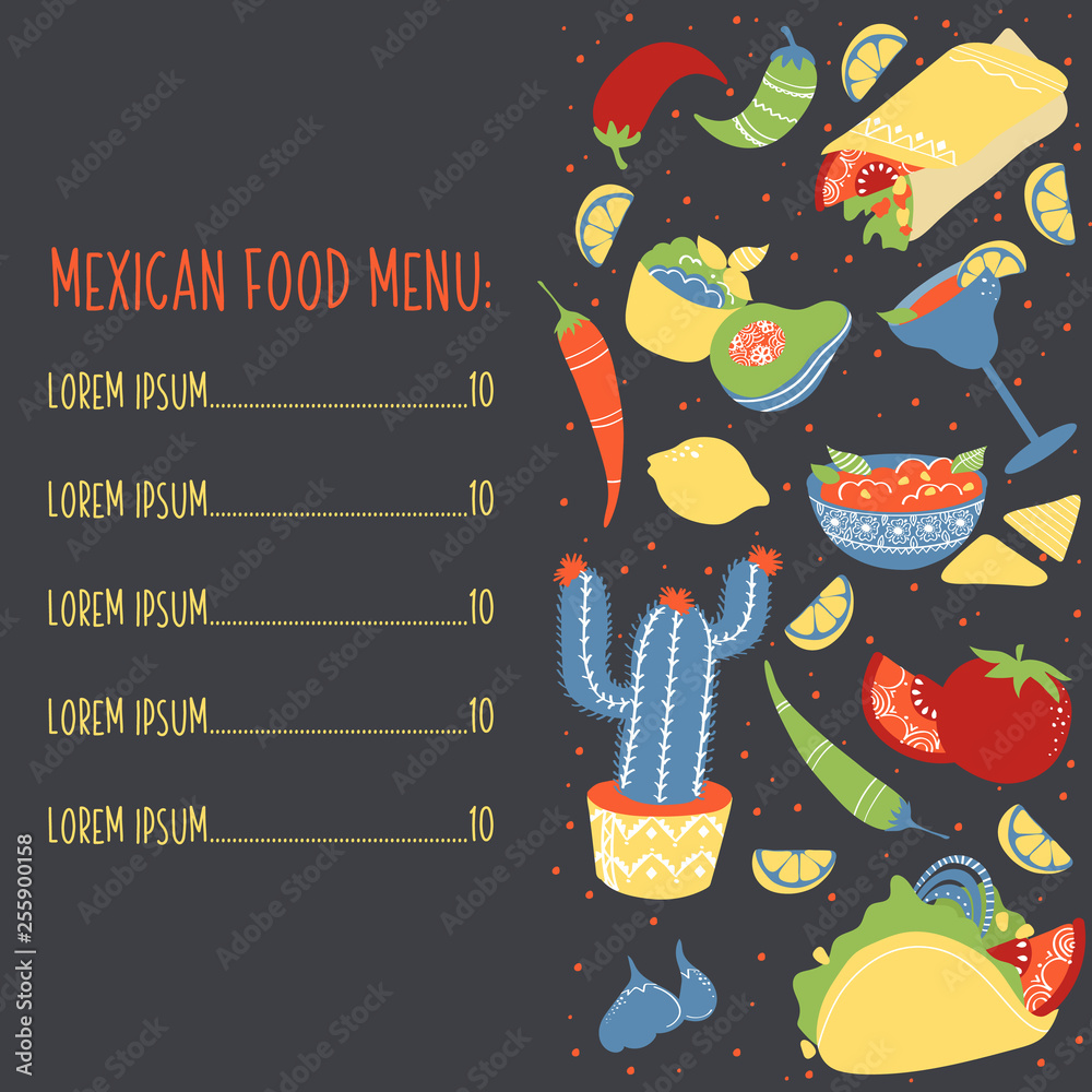 Set of colorful hand drawn Mexican food elements: burrito, taco ...