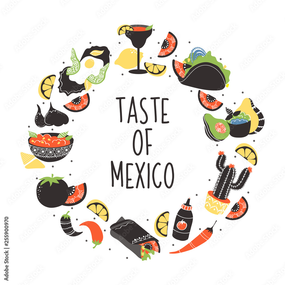Set of colorful freehand Mexican food elements: burrito, taco ...
