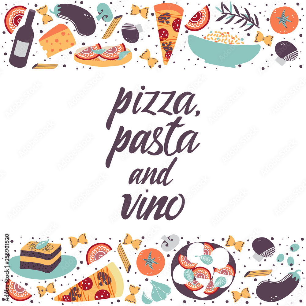 Italian cuisine vector illustration with caprese salad, olive oil ...