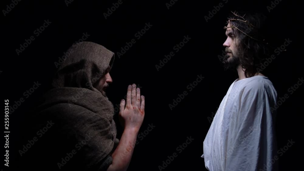 Poor man begging Jesus in crown of thorns for mercy, repenting of sins ...