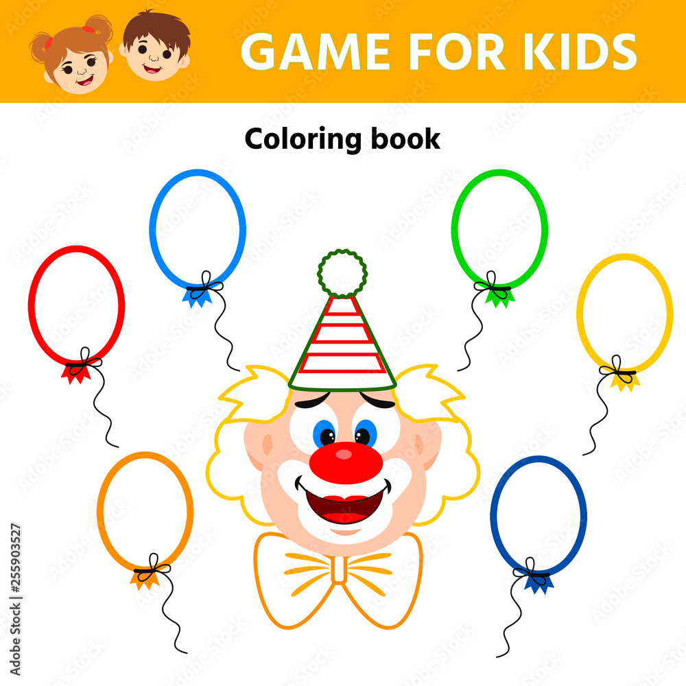 Education logic game for preschool kids. Clown and balloons. Children ...