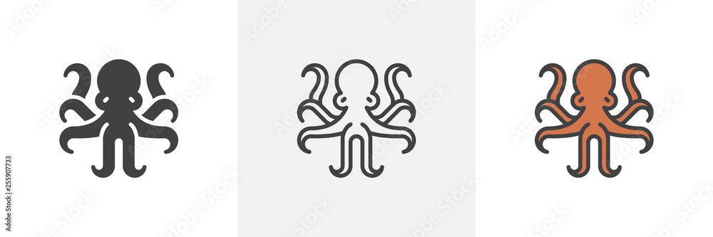 Octopus, mollusk icon. Line, glyph and filled outline colorful version ...