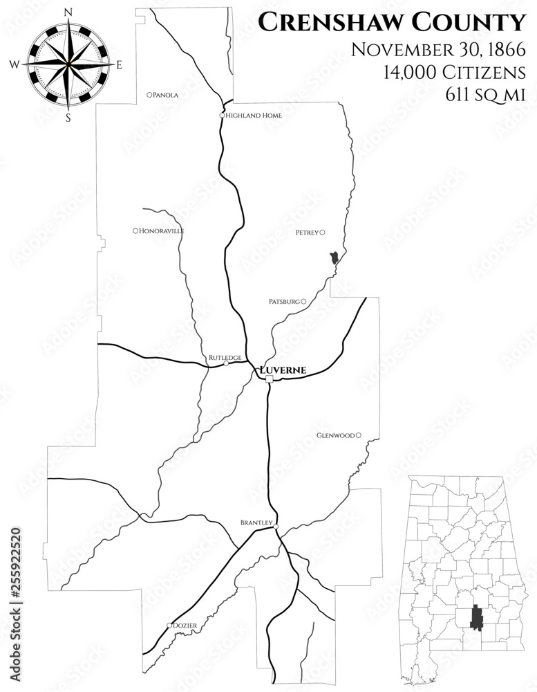 Large and detailed map of Crenshaw county in Alabama, USA Stock Vector ...