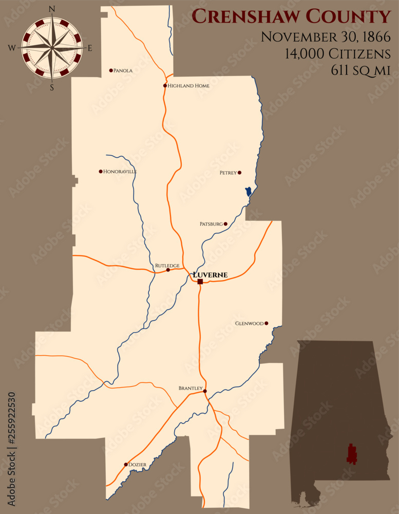 Large and detailed map of Crenshaw county in Alabama, USA Stock Vector ...