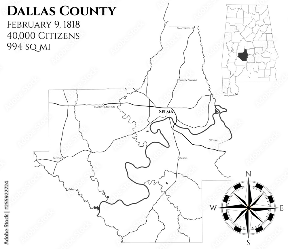 Large and detailed map of Dallas county in Alabama, USA Stock Vector ...