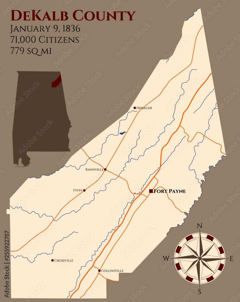 Large and detailed map of DeKalb county in Alabama, USA Stock Vector ...