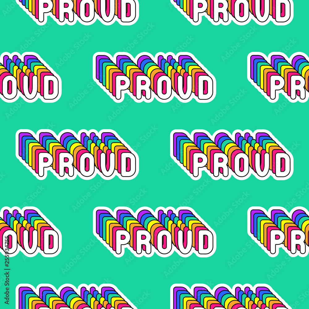 Seamless pattern with rainbow-colored words “Proud” isolated on green ...