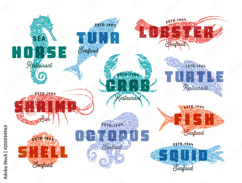 Seafood logo set. Sea creatures, fishing or restaurant emblems. Retro ...