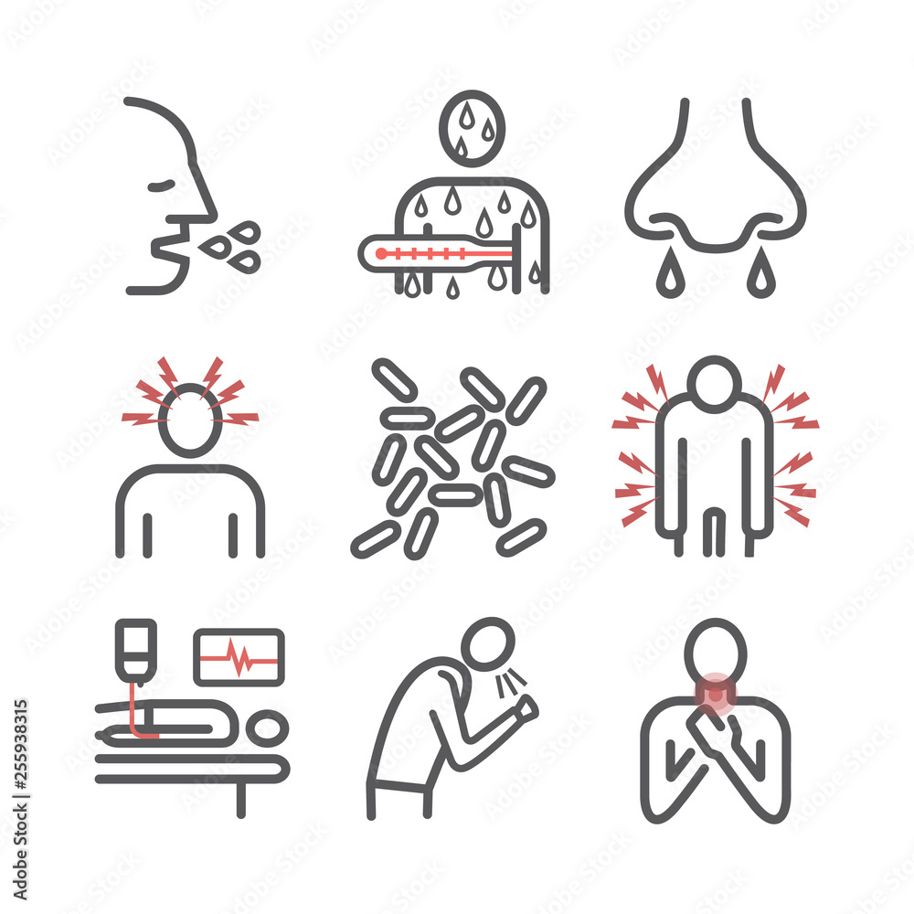 Pertussis. Whooping cough, Symptoms, Treatment. Line icons set. Vector ...