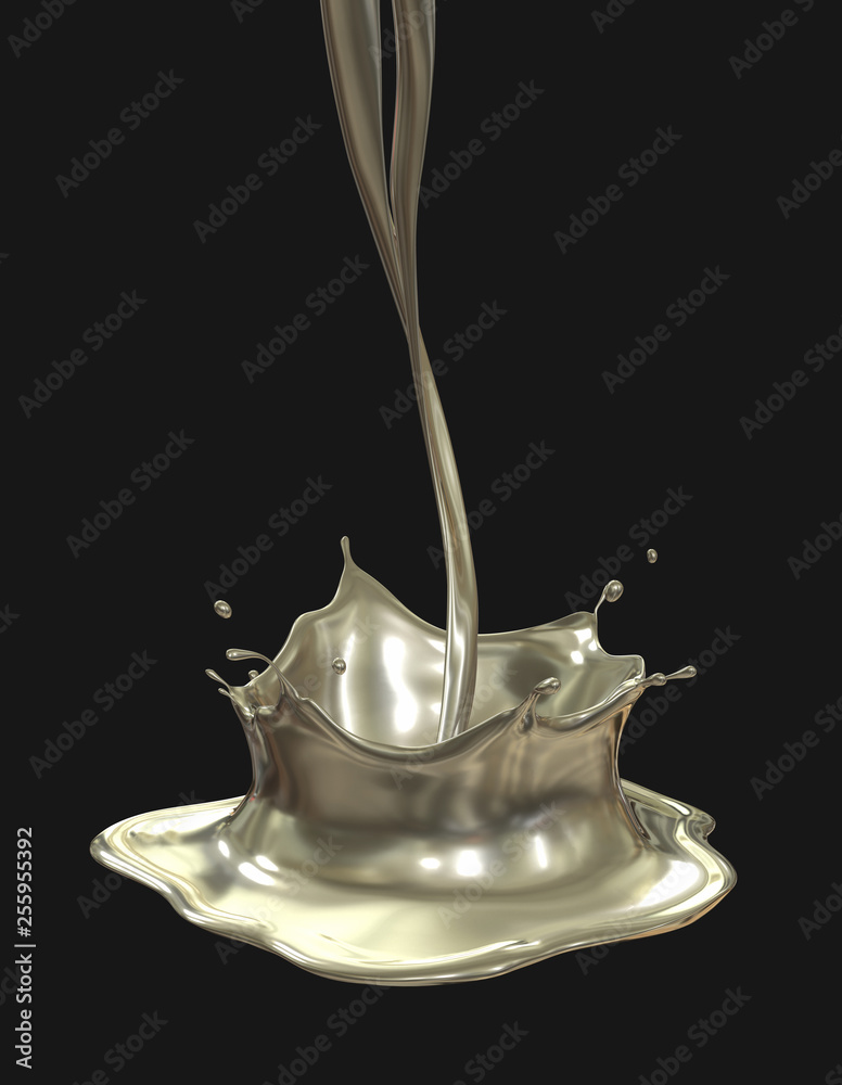 Liquid metal silver splashes pouring isolated on black. Metallic paint ...
