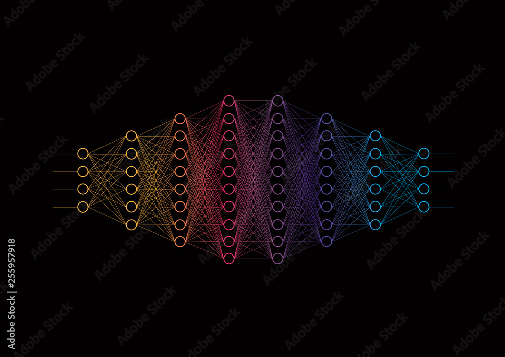 Neural network diagram, input and output data, hidden layers. Data ...
