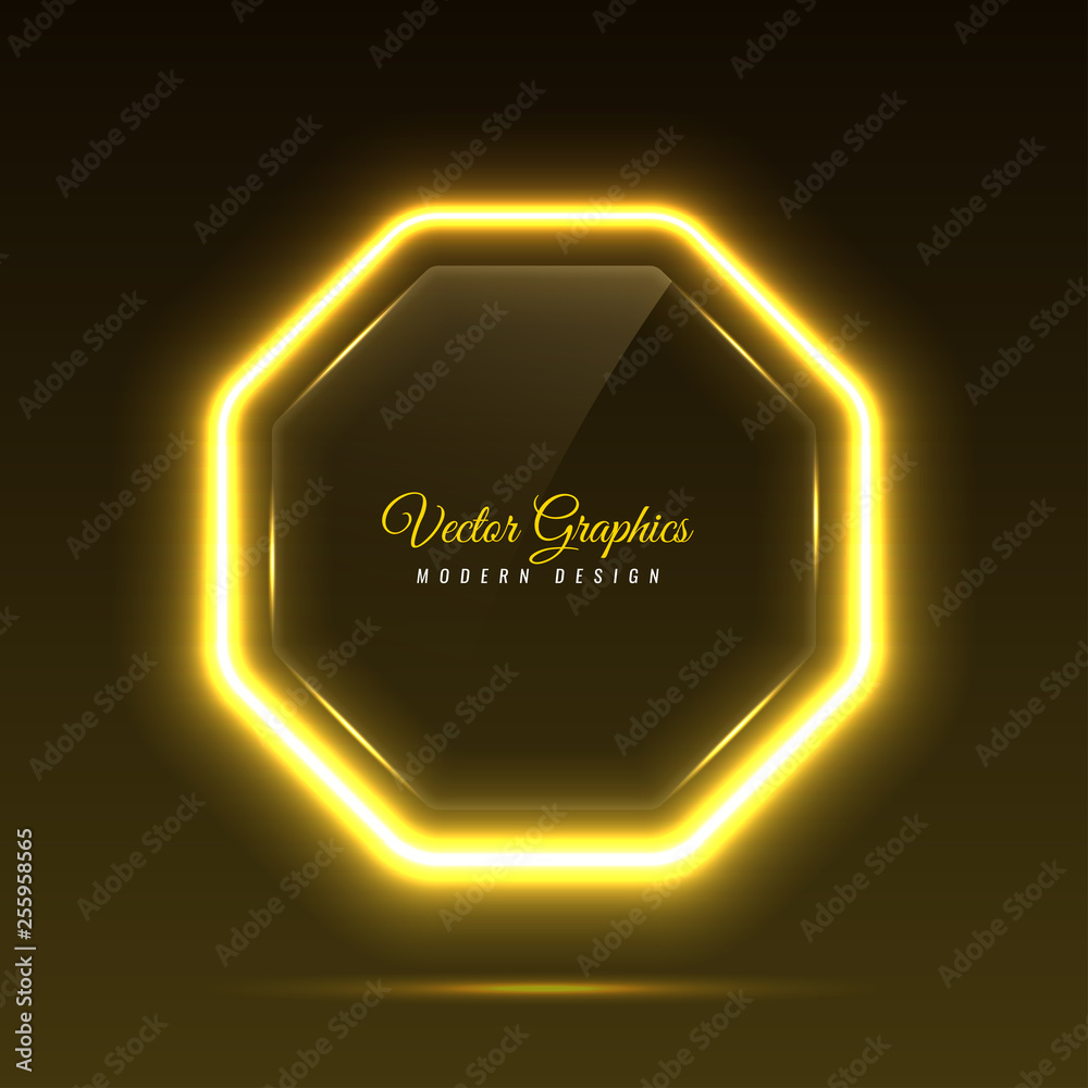 Octagonal glass banner. Transparent billboard with neon lights. Vector ...