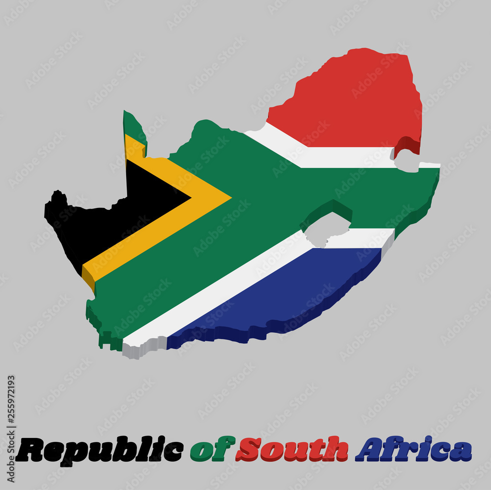 3d Map outline and flag of South Africa, a horizontal of red and blue ...