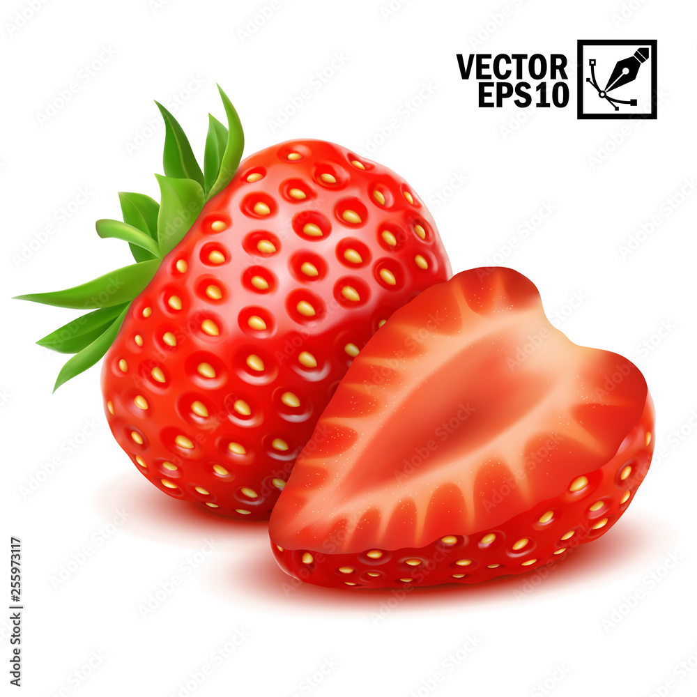 3d realistic isolated vector whole and slice of strawberry, editable ...