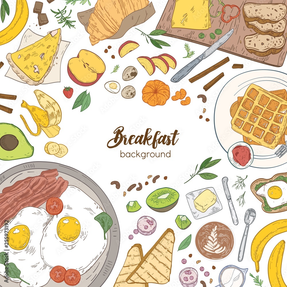 Vecteur Stock Square background with frame consisted of breakfast meals ...