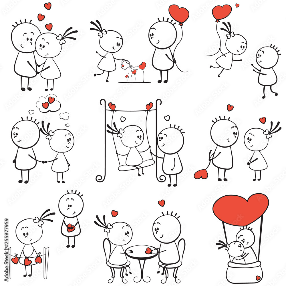 collection cartoon figure lovers in different poses with red heart ...