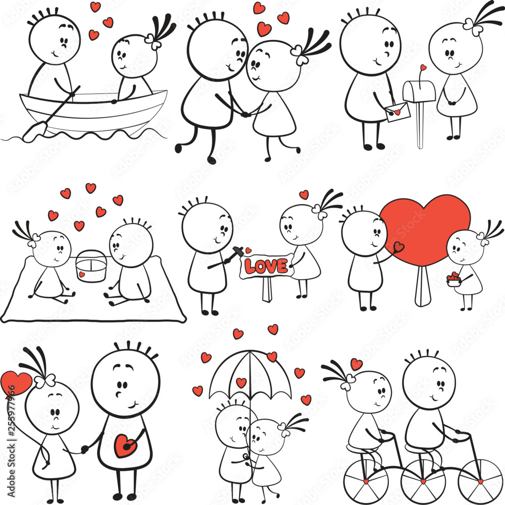 collection cartoon figure lovers in different poses with red heart ...