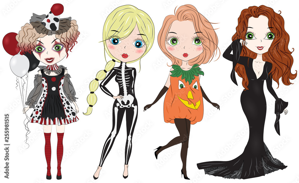 Set of hand drawn woman in fashion girls in halloween costumes. Cartoon ...
