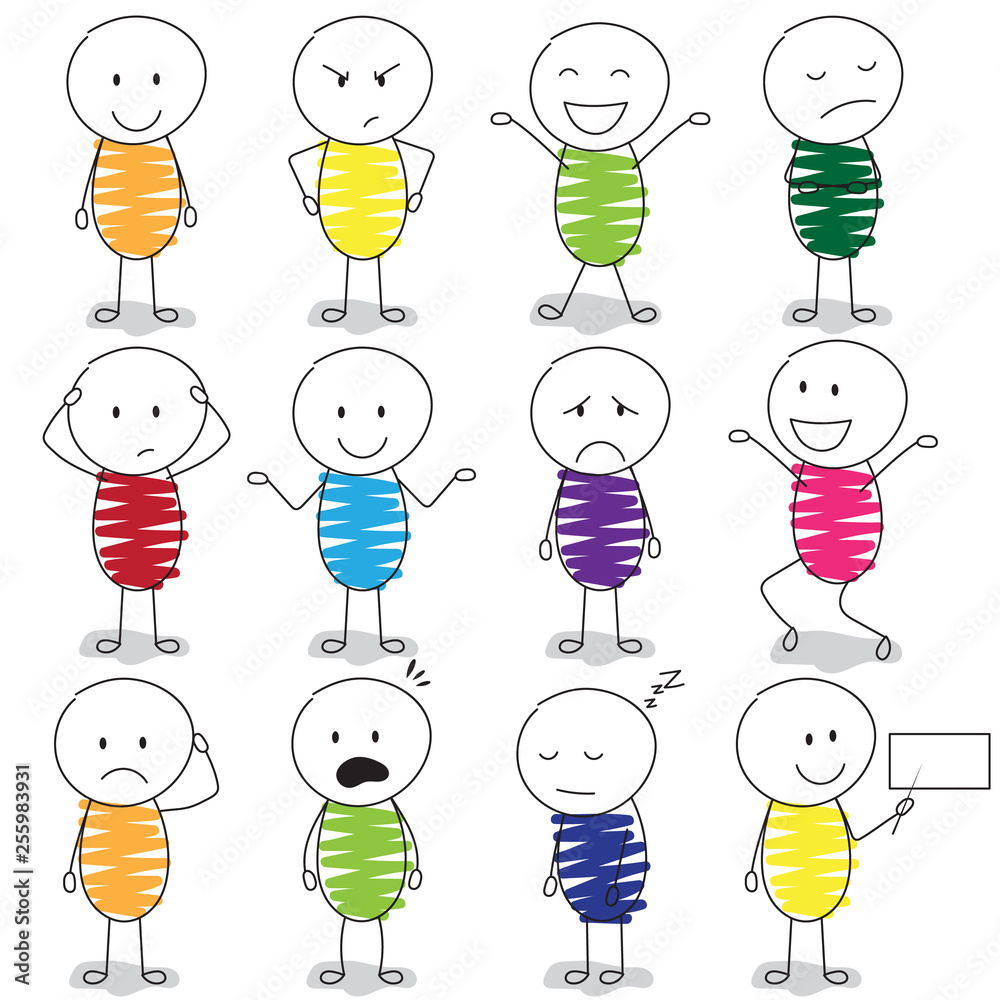 Set of happy cartoon doodle figures with different facial expressions ...