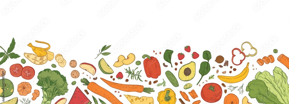 Horizontal backdrop with border consisted of fresh organic food. Banner ...