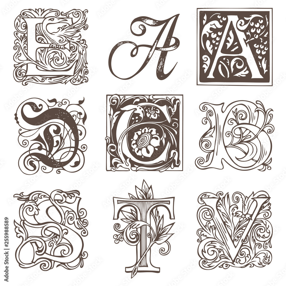 Vector set of nine decorative hand drawn initial letters. English ...