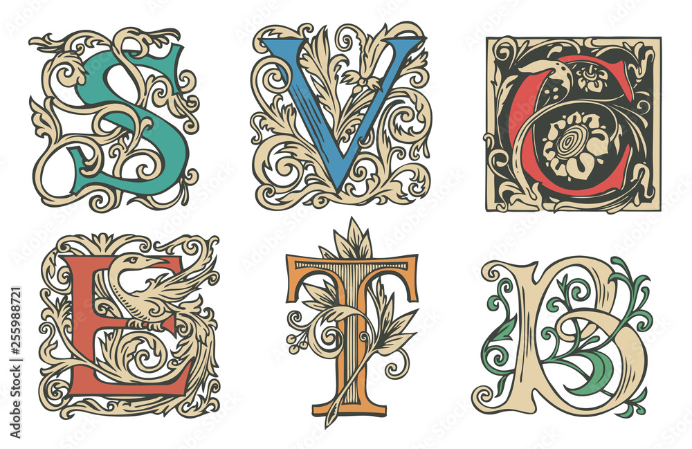 Vector set of six decorative hand drawn initial letters. English ...