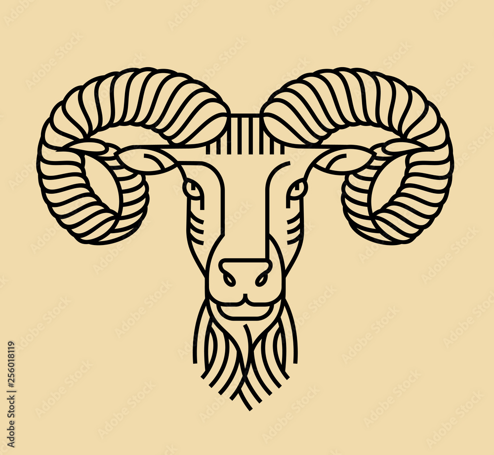 Emblem, badge with a ram head in the style of linear engravings ...