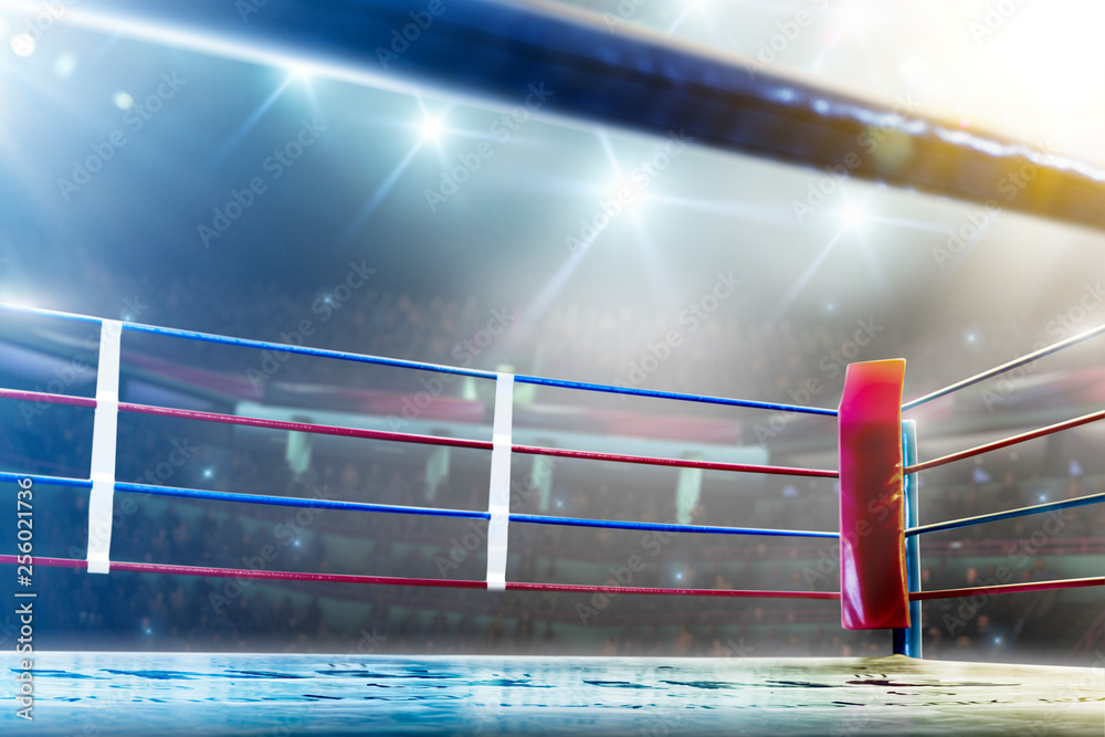 International professional boxing ring in bright lights 3d render wall ...