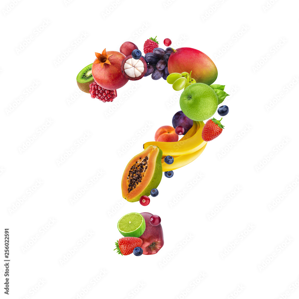 Question mark made of different fruits and berries, fruit alphabet ...