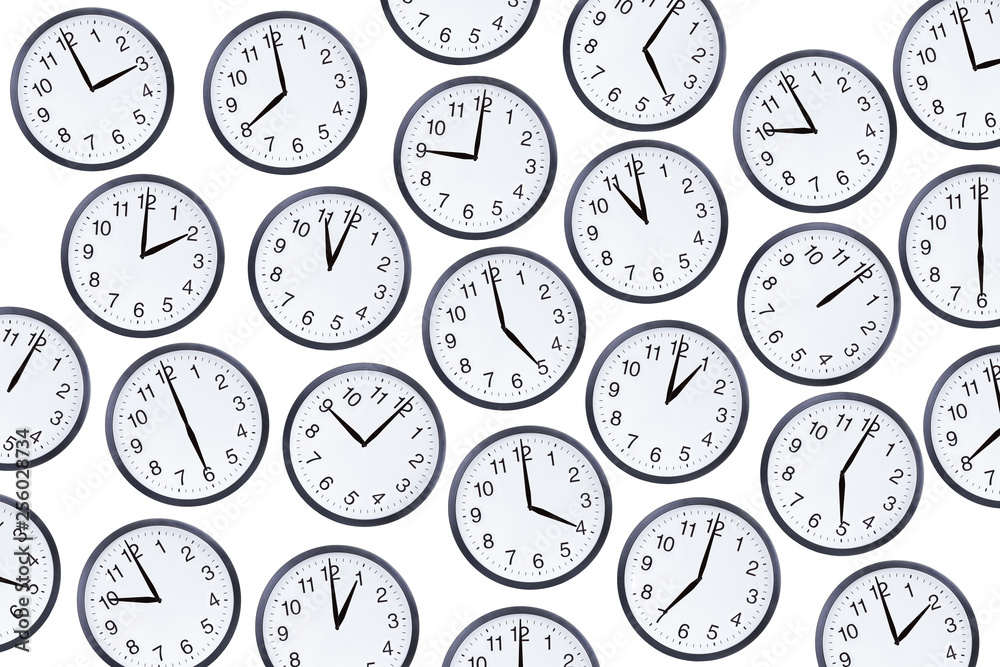 Set of office clocks isolated on white background. Clock background ...