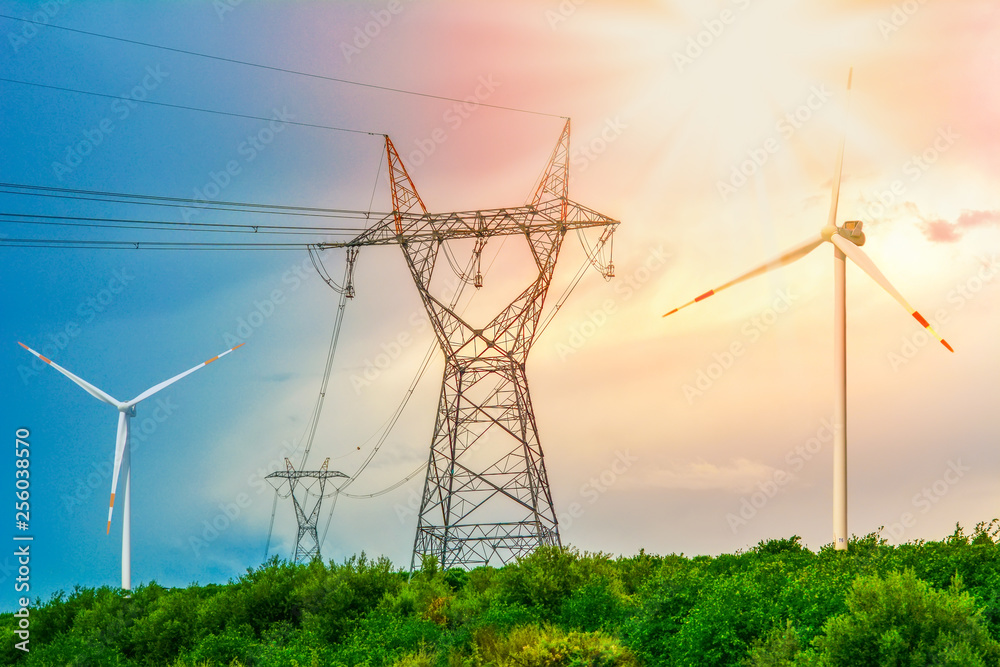 High voltage electricity pylons and transmission power lines on the ...