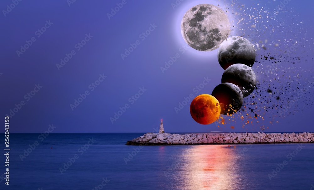 Conceptual compoite image of the stages of the largest lunar ecl Stock ...