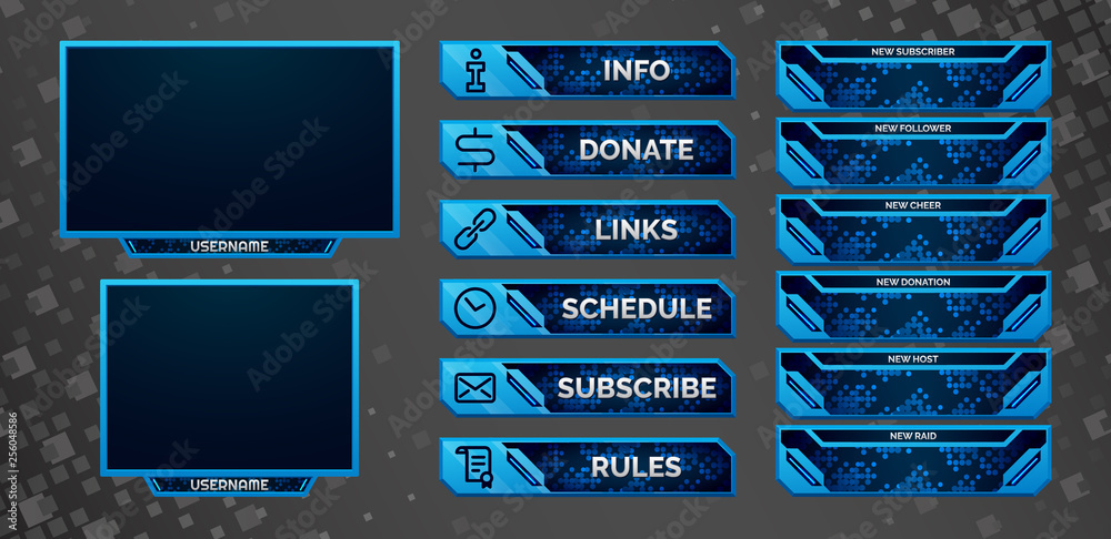 Set of blue gaming panels and overlays for cybersport streamers. Alerts ...