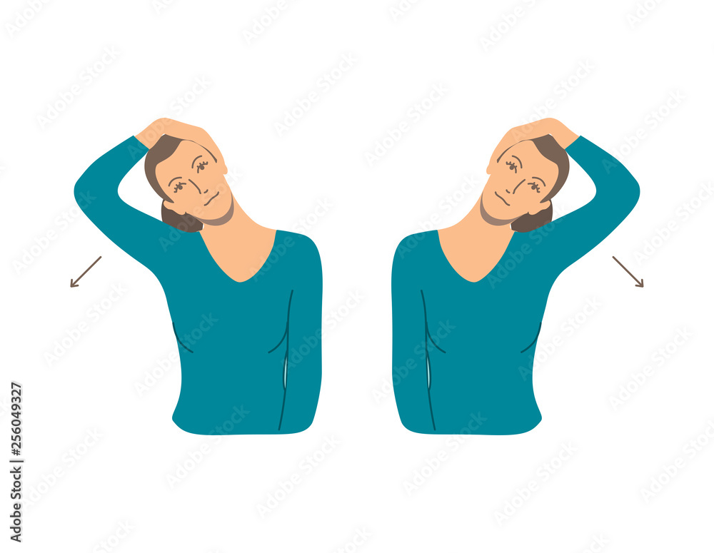 Vector colorful illustration. Neck exercises by girl for relax. Tilt ...