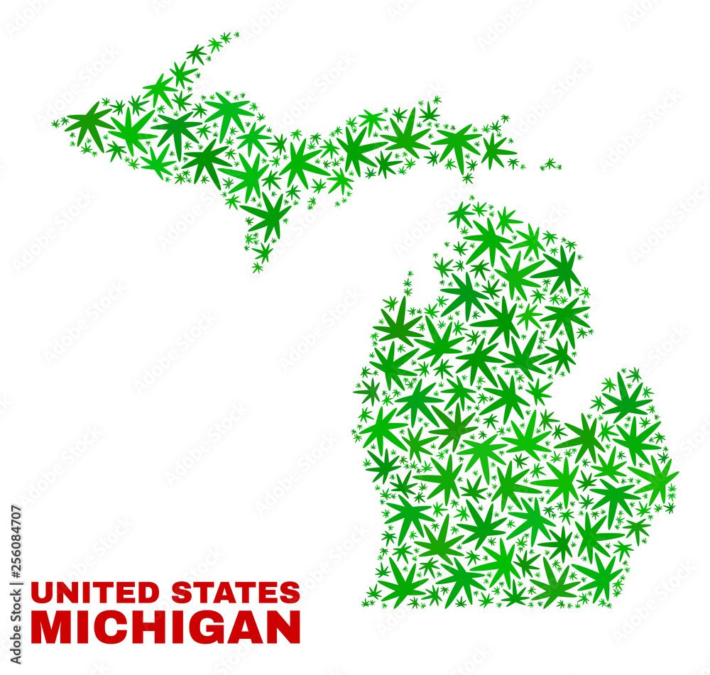 Vector marijuana Michigan State map collage. Concept with green weed ...