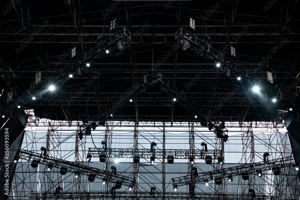 Lights on open air stage afternoon and evening, musical concert ...