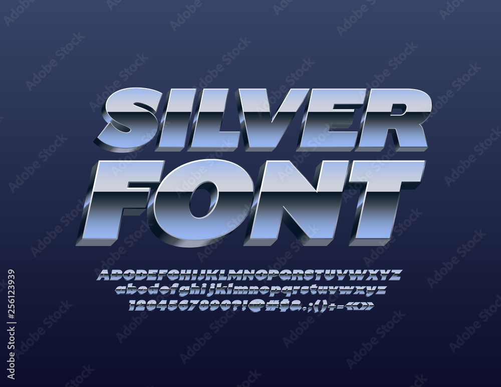 Vector Silver Font. Set of 3D Metallic Alphabet Letters, Numbers and ...