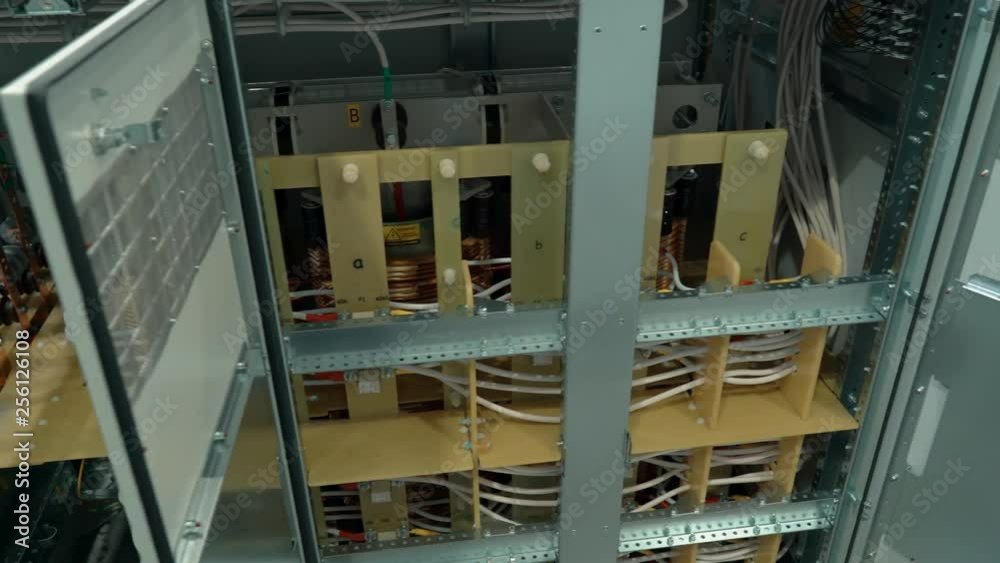 Control cabinet. Internal view of the transformer cabinet. copper parts ...