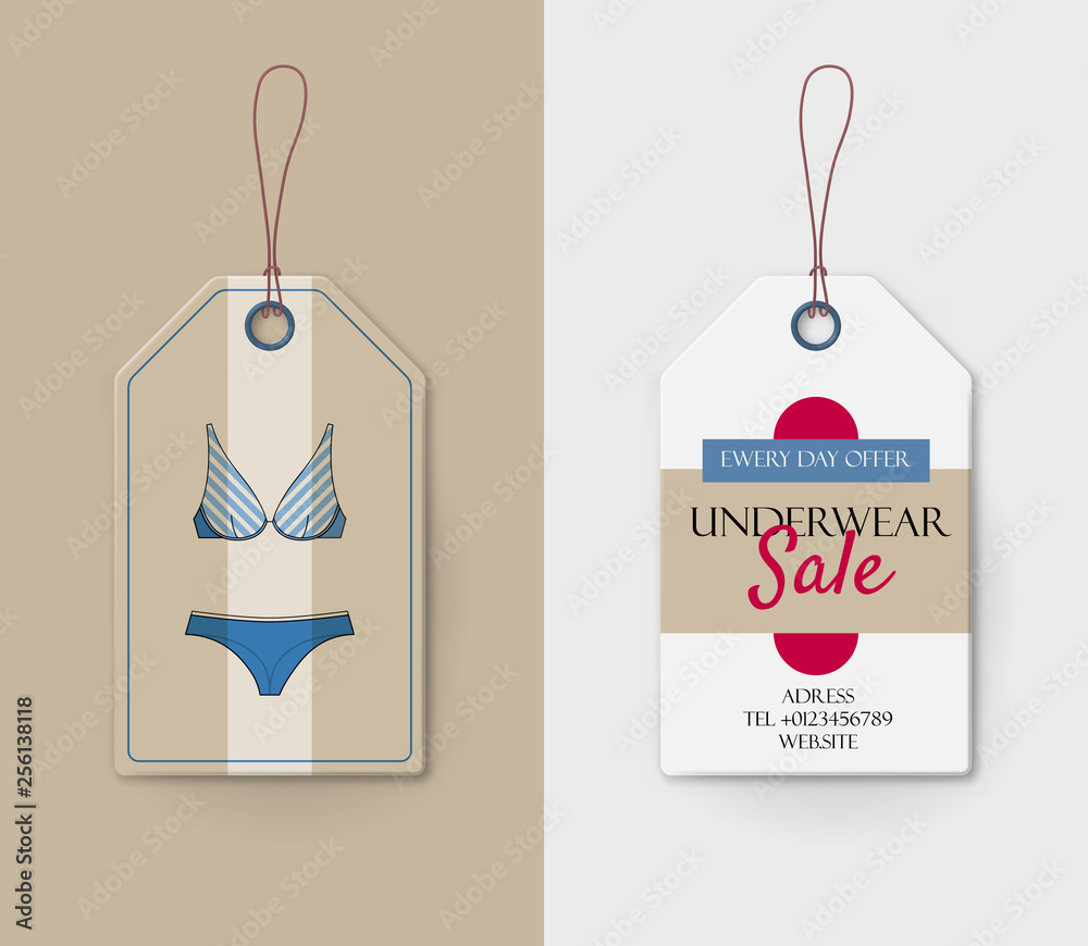 Cardboard price tag with lingerie. Blue bras and knickers on paper ...