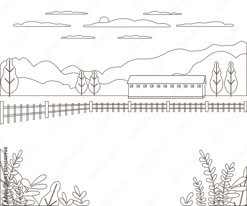 Thin line outline landscape rural farm. Panorama design village modern ...
