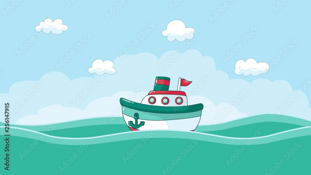 Cartoon Boat Ship Animation on the sea with clouds, boat and ship ...