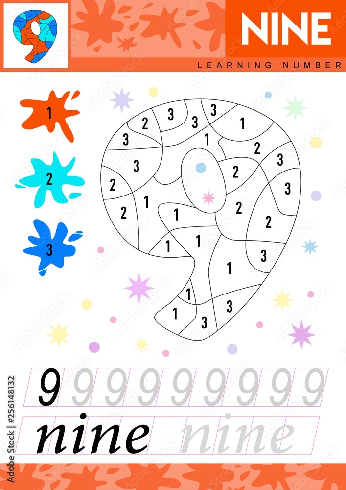 Learn numbers 9. Nine. Kids learn to count worksheet. Children ...