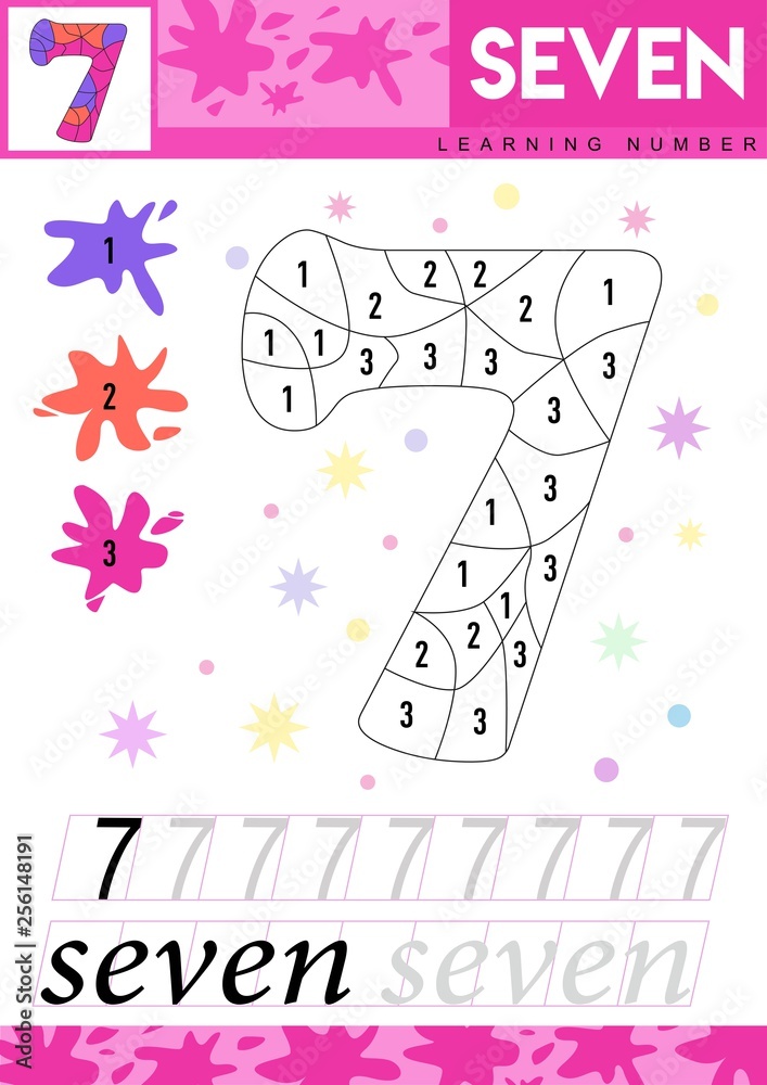 Learn numbers 7. Seven. Kids learn to count worksheet. Children ...