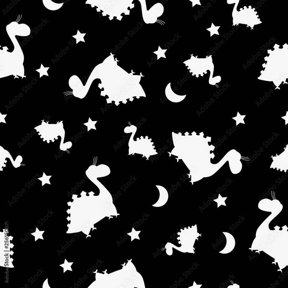 Seamless pattern dinosaurs shadow. Animal black background with white ...