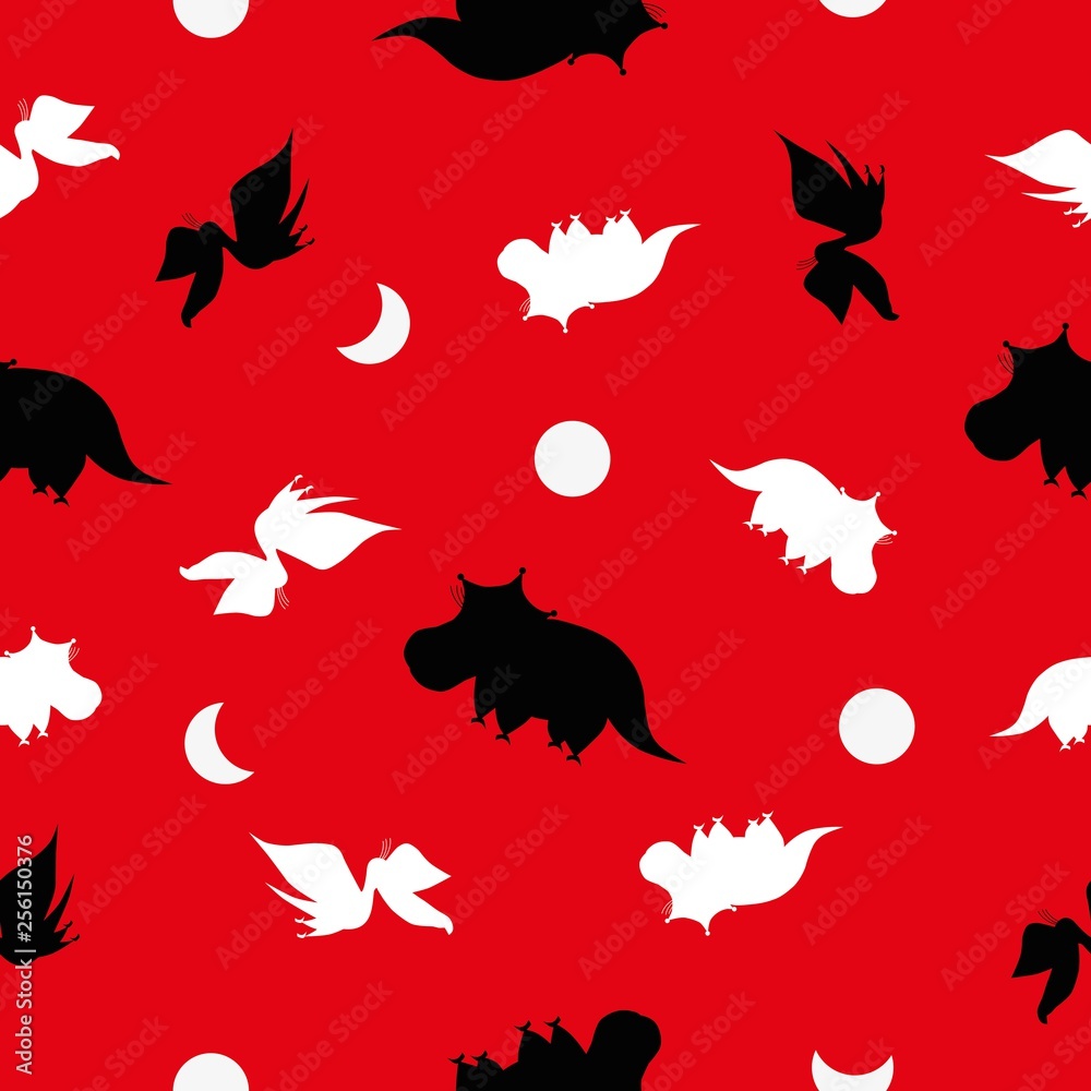 Seamless pattern dinosaurs shadow. Animal red background with black and ...