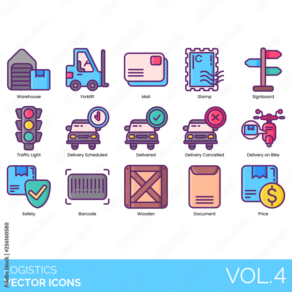 Logistics icons including warehouse, forklift, mail, stamp, signboard ...